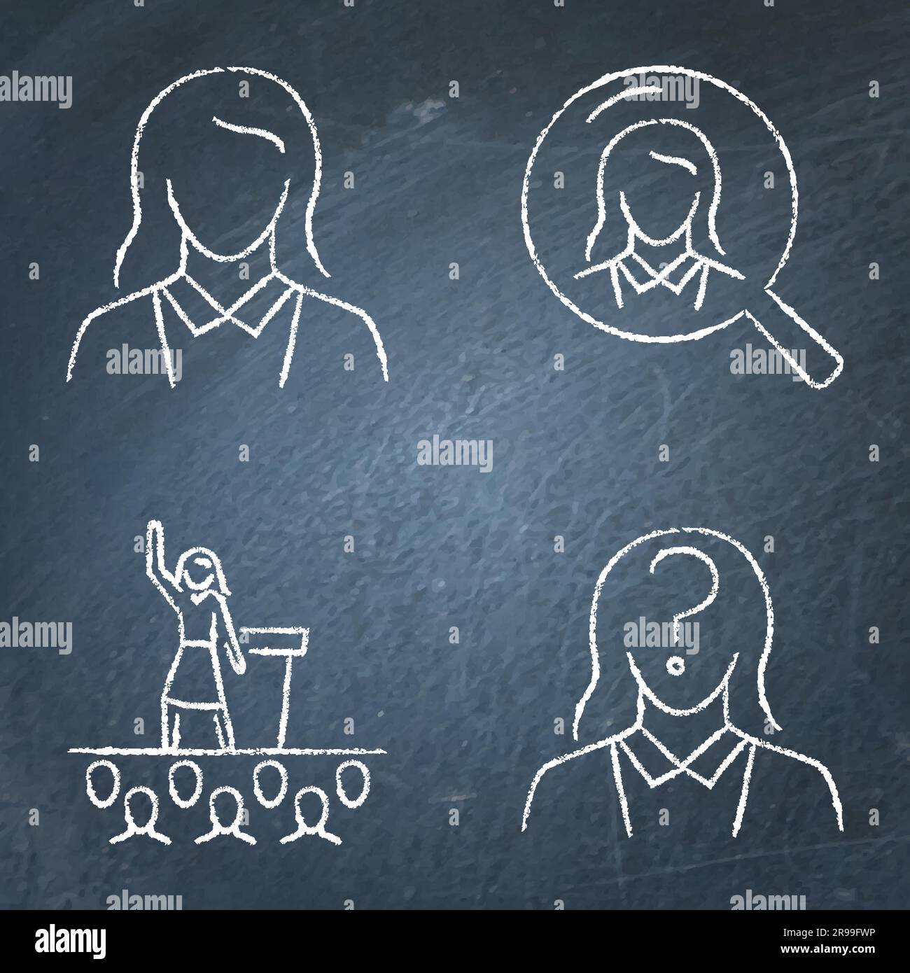 Female political candidates chalkboard icon set. Woman public speaker ...