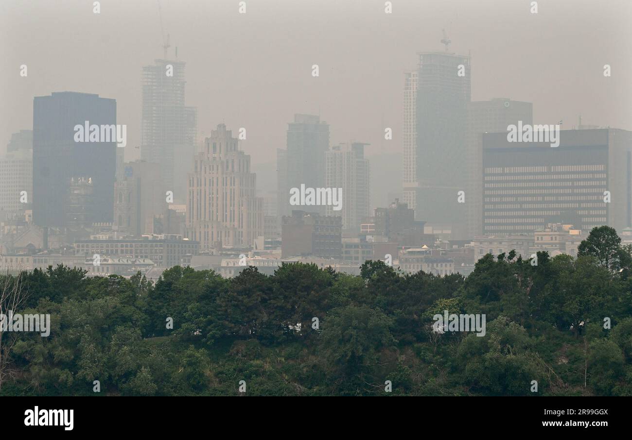 Montreal, Canada. 25th June, 2023. The skyline of Montreal is obscured ...