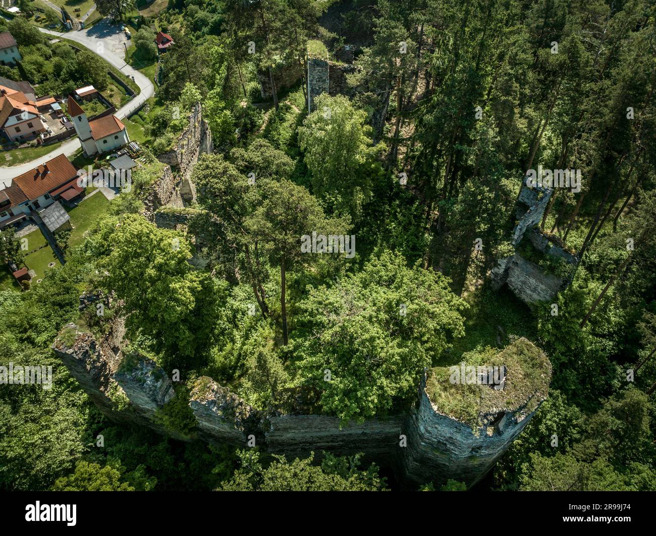 Aerial view of Frejstejn castle, medieval gothic concentric castle ruin ...