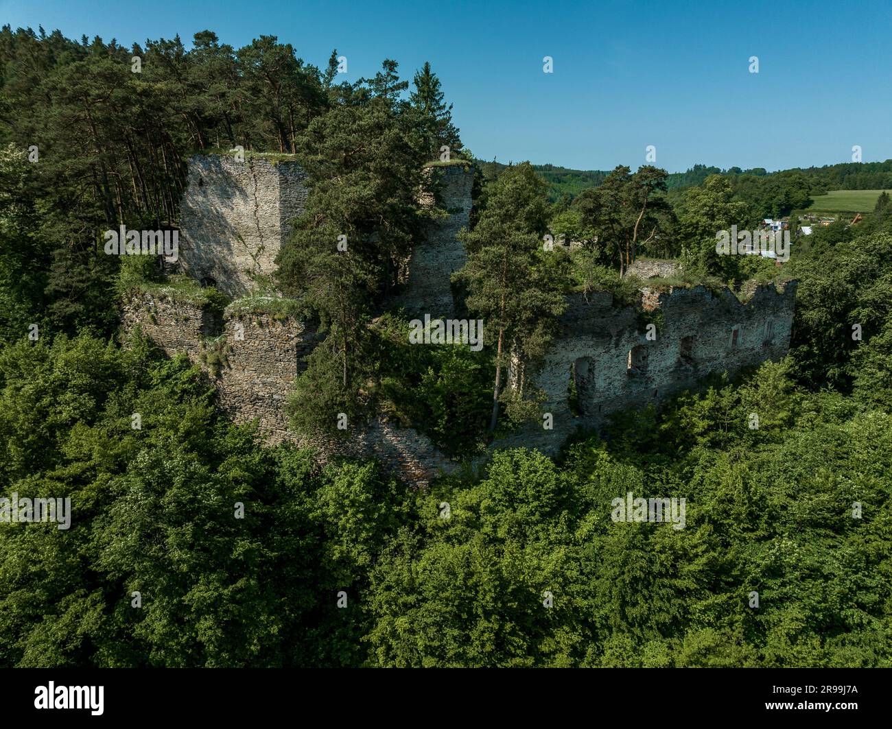 Aerial view of Frejstejn castle, medieval gothic concentric castle ruin ...