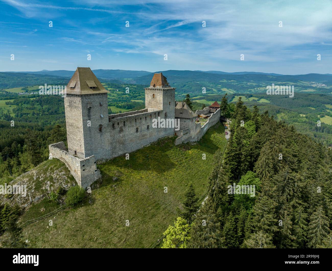 Aerial view of Kasperk Hrad or Karlsberg castle in Czechia. The central ...