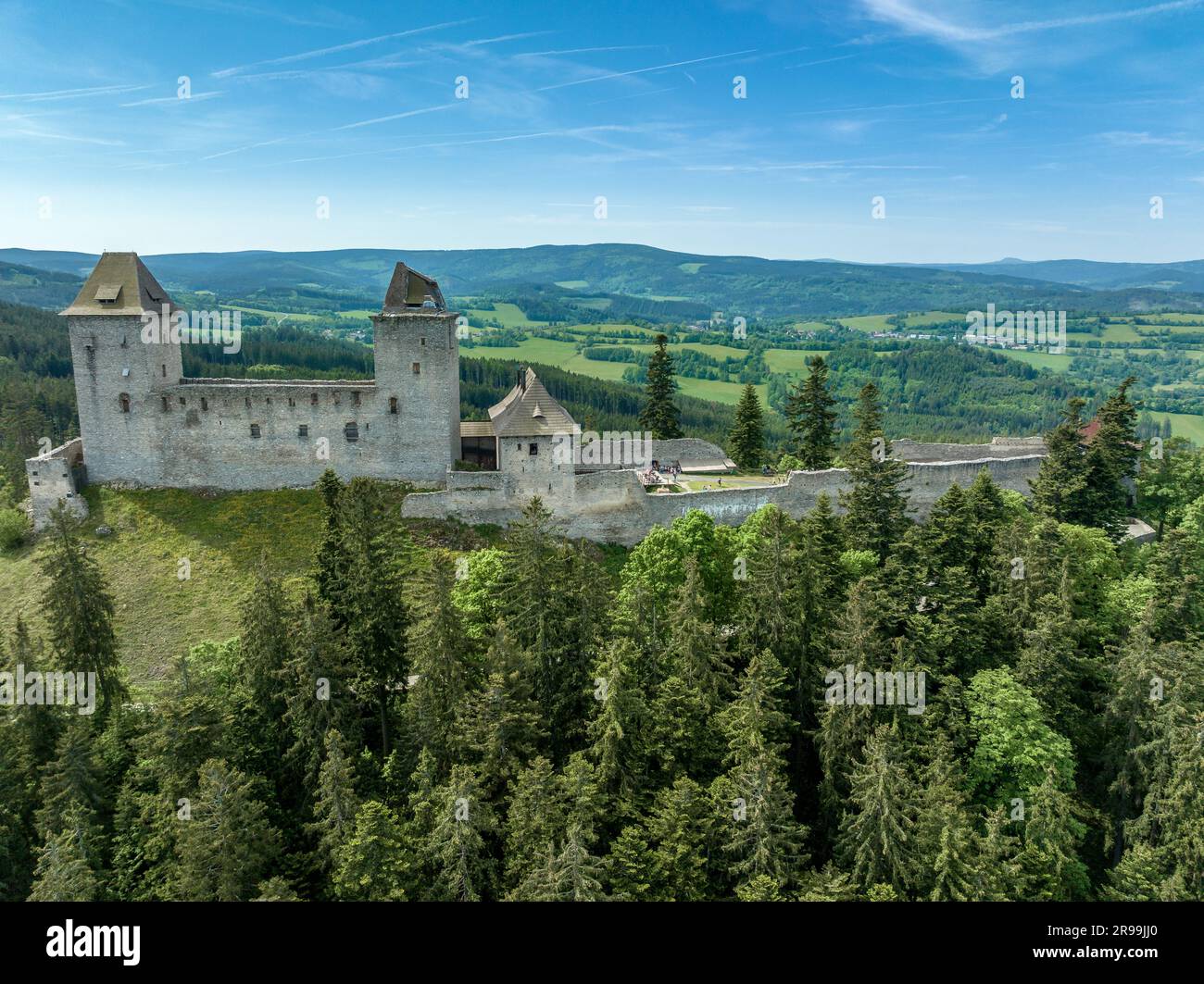 Aerial view of Kasperk Hrad or Karlsberg castle in Czechia. The central ...