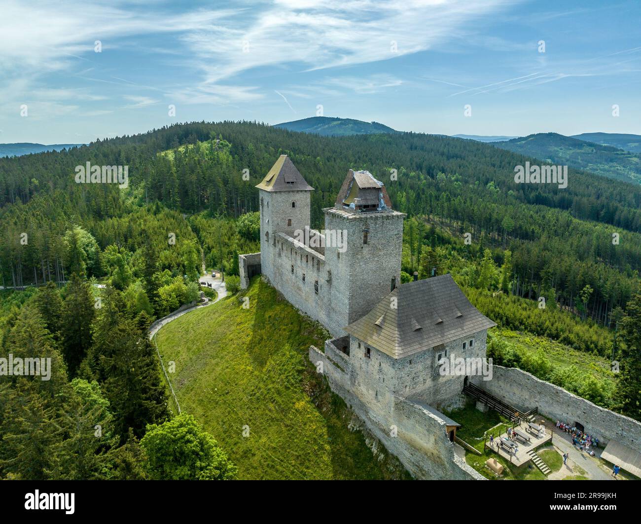 Aerial view of Kasperk Hrad or Karlsberg castle in Czechia. The central ...