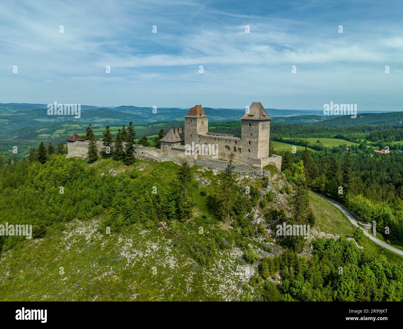 Aerial view of Kasperk Hrad or Karlsberg castle in Czechia. The central ...