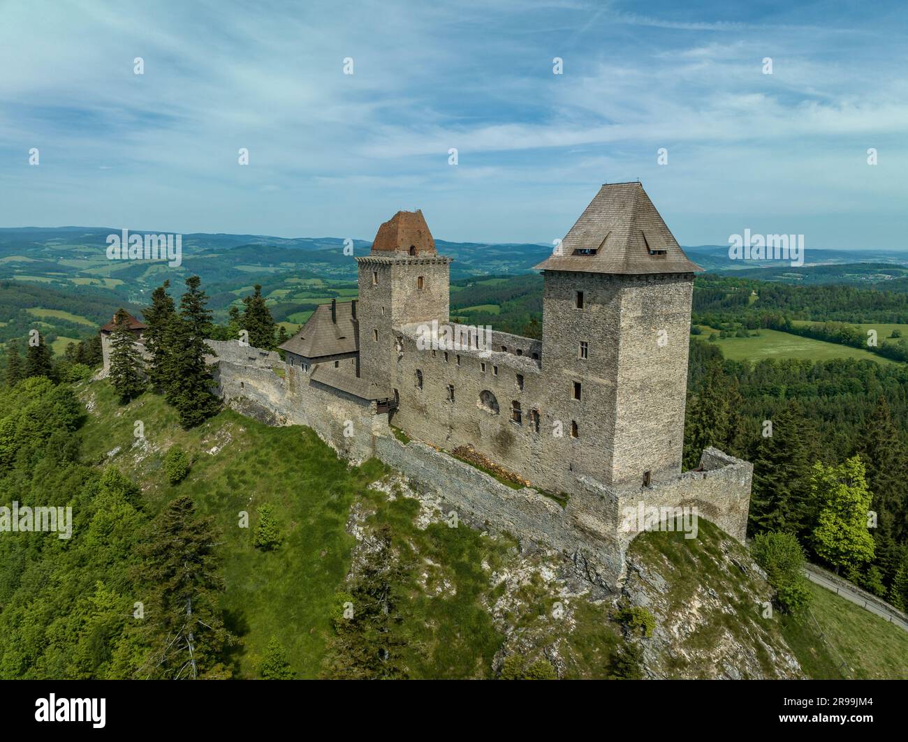 Aerial view of Kasperk Hrad or Karlsberg castle in Czechia. The central ...