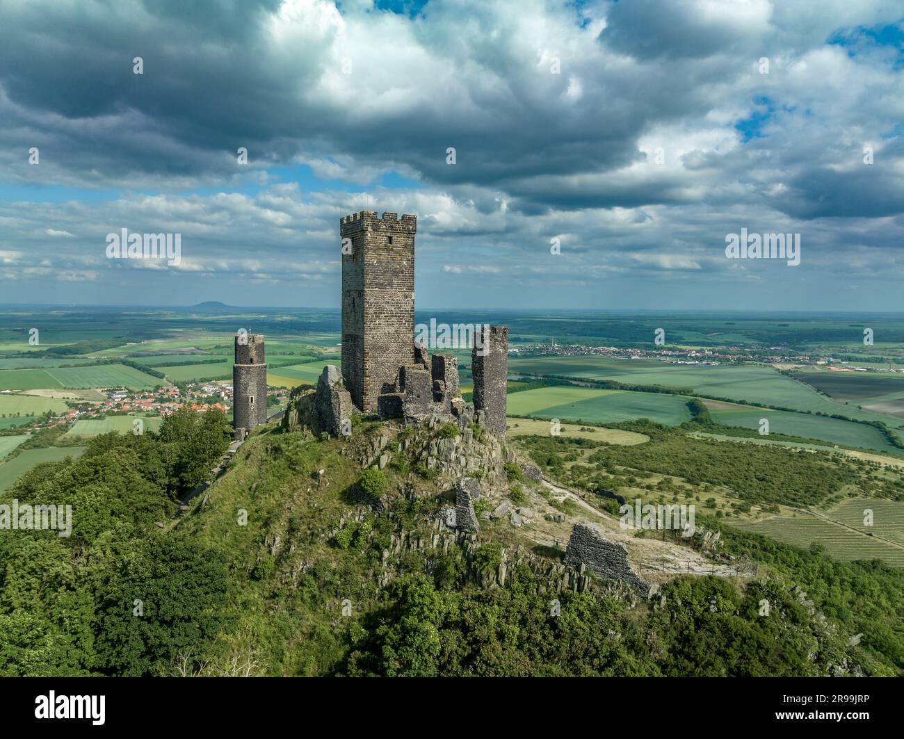 Aerial view of the remains of Hazmburk medieval castle with a circular ...