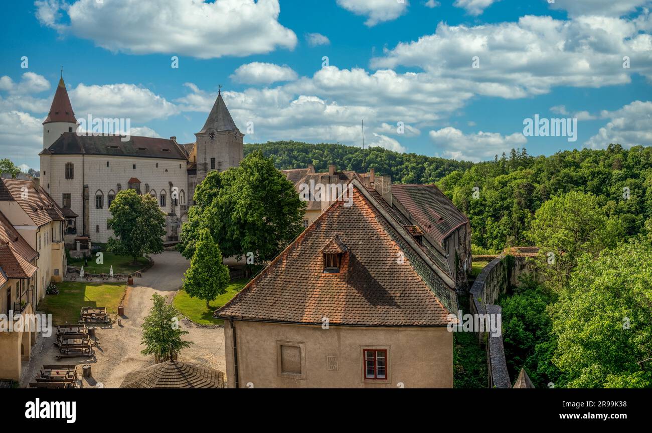 Aerial view of triangular shape restored Gothic medieval castle ...