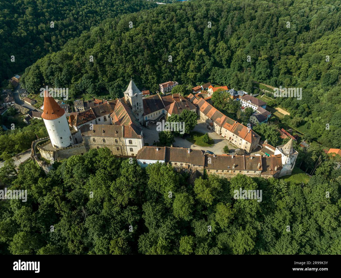 Aerial view of triangular shape restored Gothic medieval castle ...