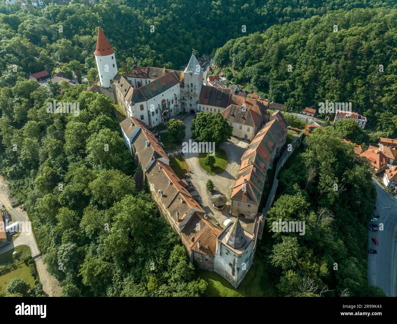 Aerial view of triangular shape restored Gothic medieval castle ...