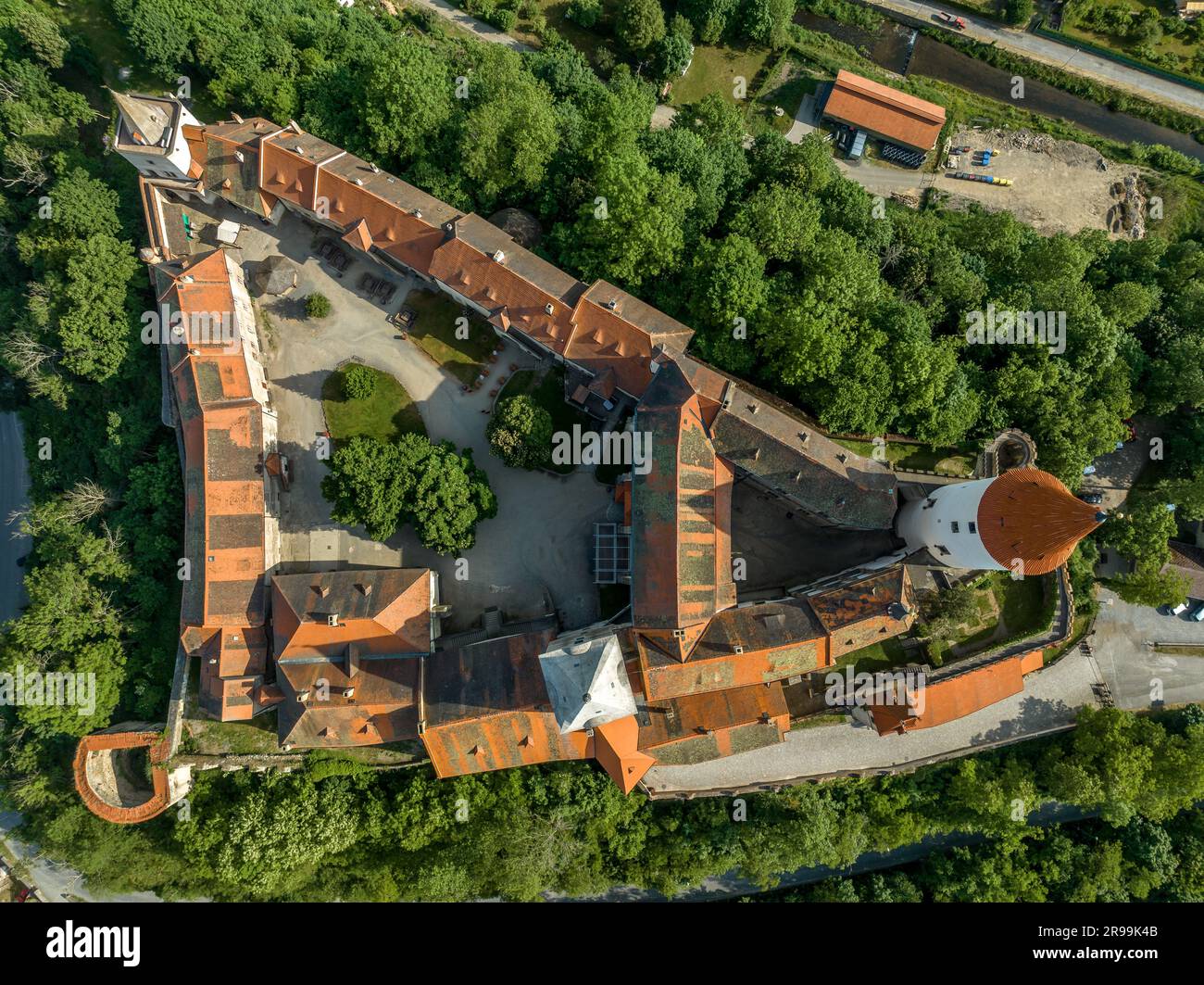 Aerial view of triangular shape restored Gothic medieval castle ...