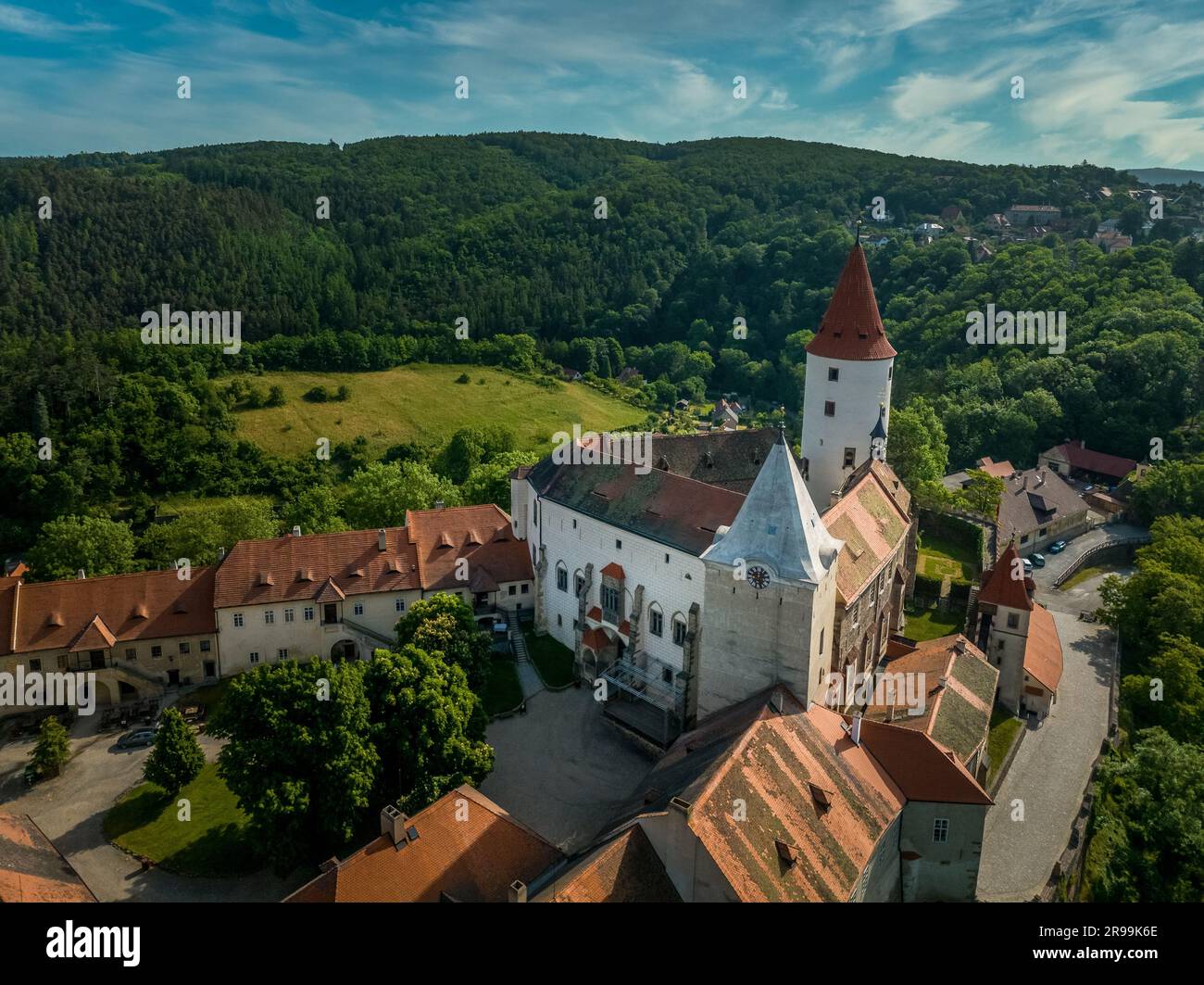 Aerial view of triangular shape restored Gothic medieval castle ...