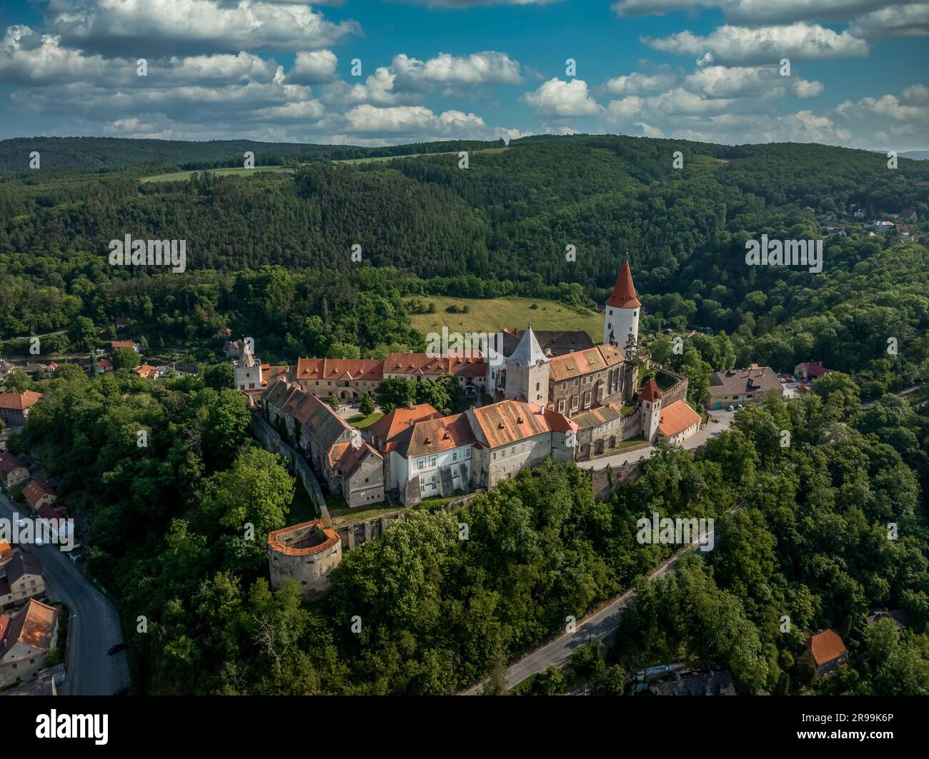 Aerial view of triangular shape restored Gothic medieval castle ...