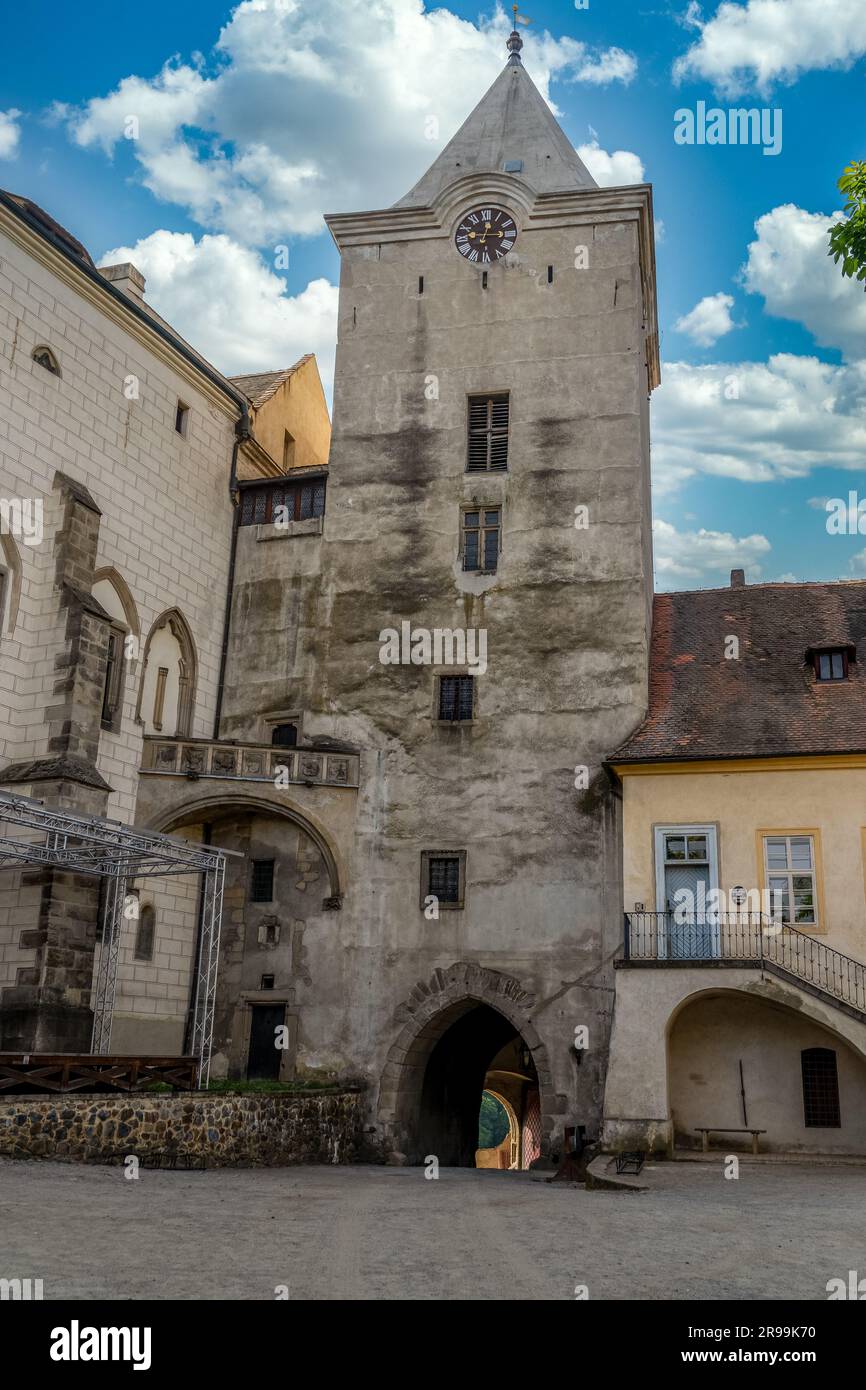 Aerial view of triangular shape restored Gothic medieval castle ...