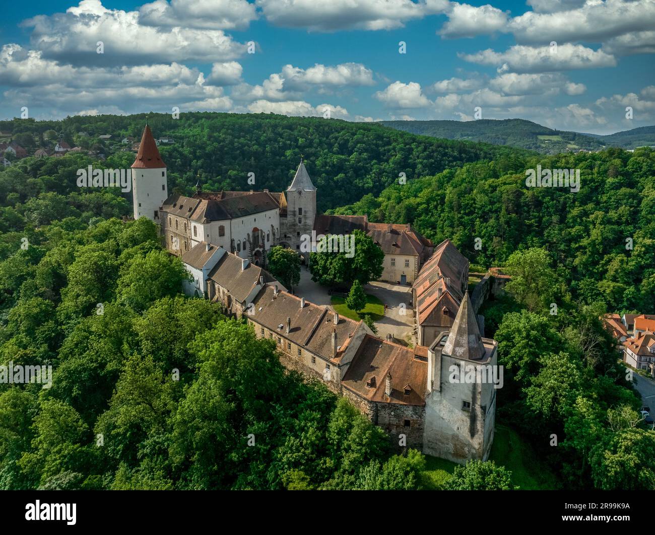 Aerial view of triangular shape restored Gothic medieval castle ...