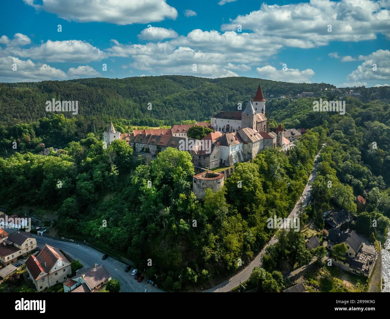 Aerial view of triangular shape restored Gothic medieval castle ...