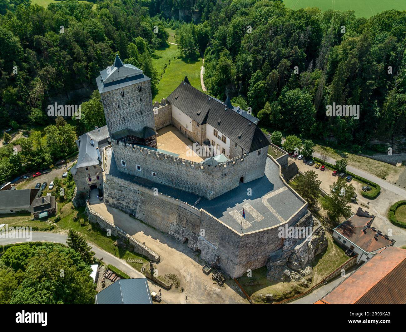 Aerial view of Kost castlein Libosovice , built in high Gothic style ...