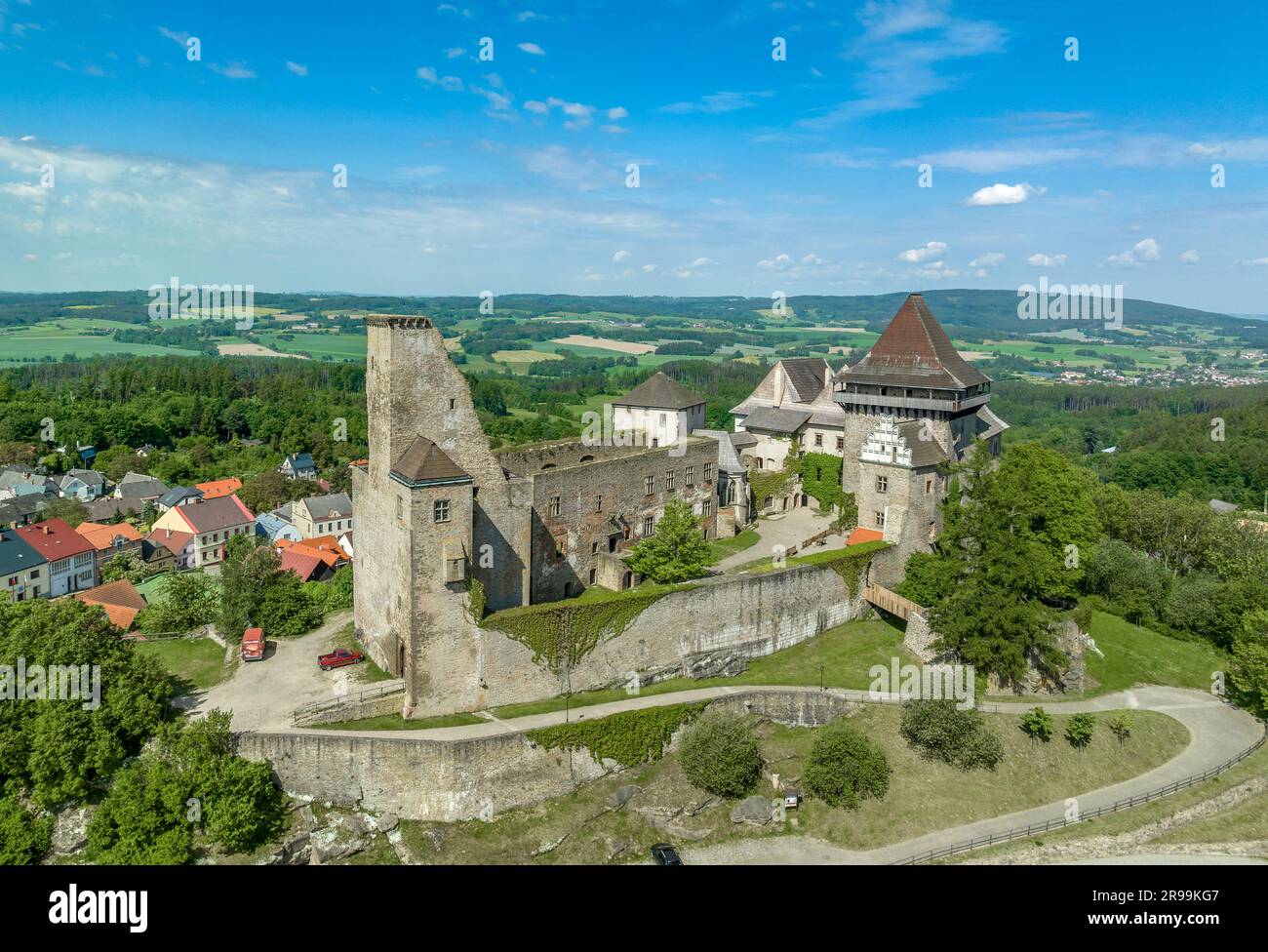 Aerial view of Lipnice nad Sázavou Castle in Czechia built in late ...