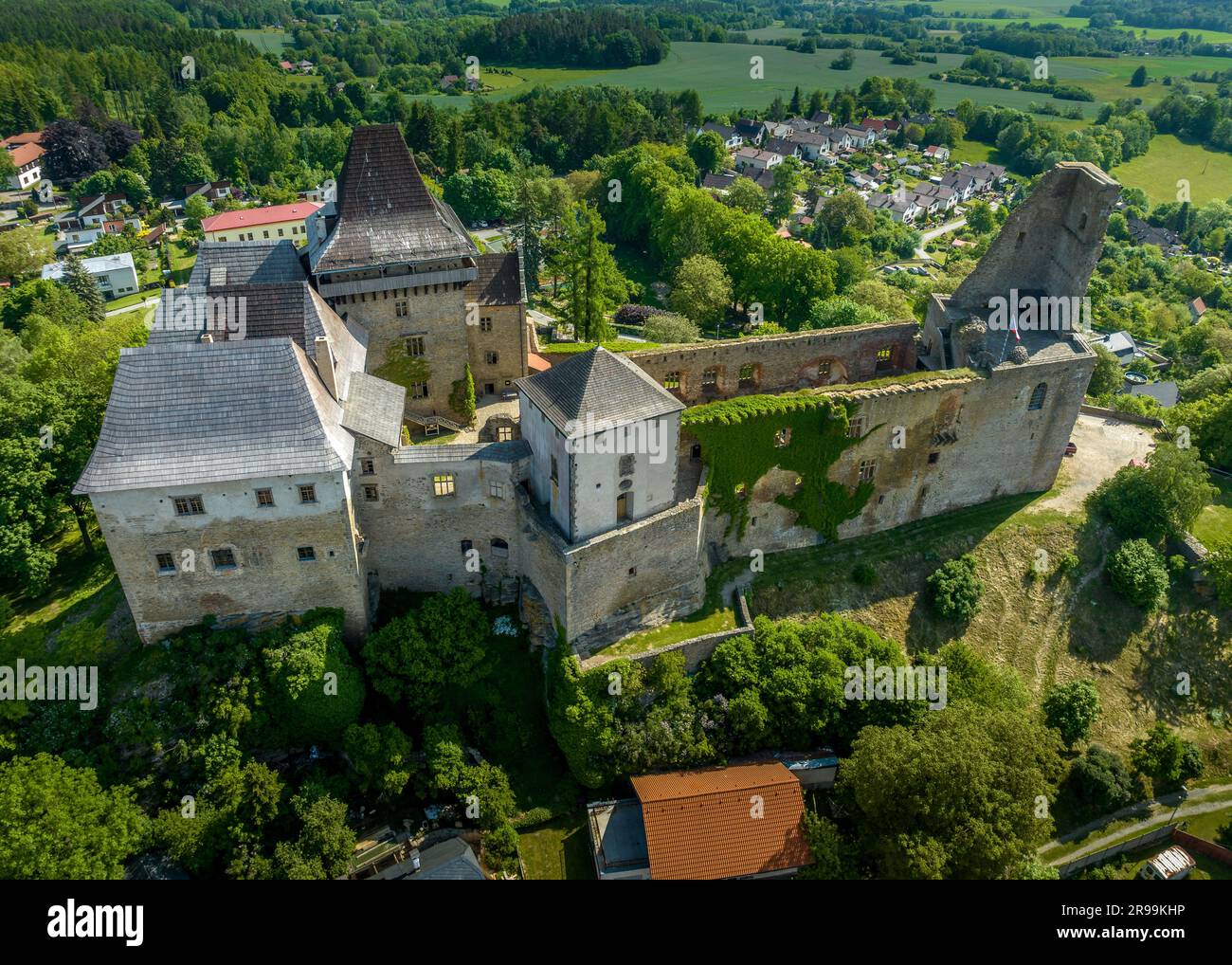 Aerial view of Lipnice nad Sázavou Castle in Czechia built in late ...