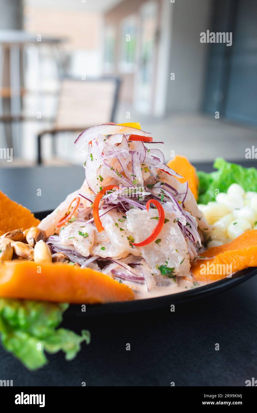 Typical dish of Latin cuisine. Peruvian ceviche. Portrait image Stock ...