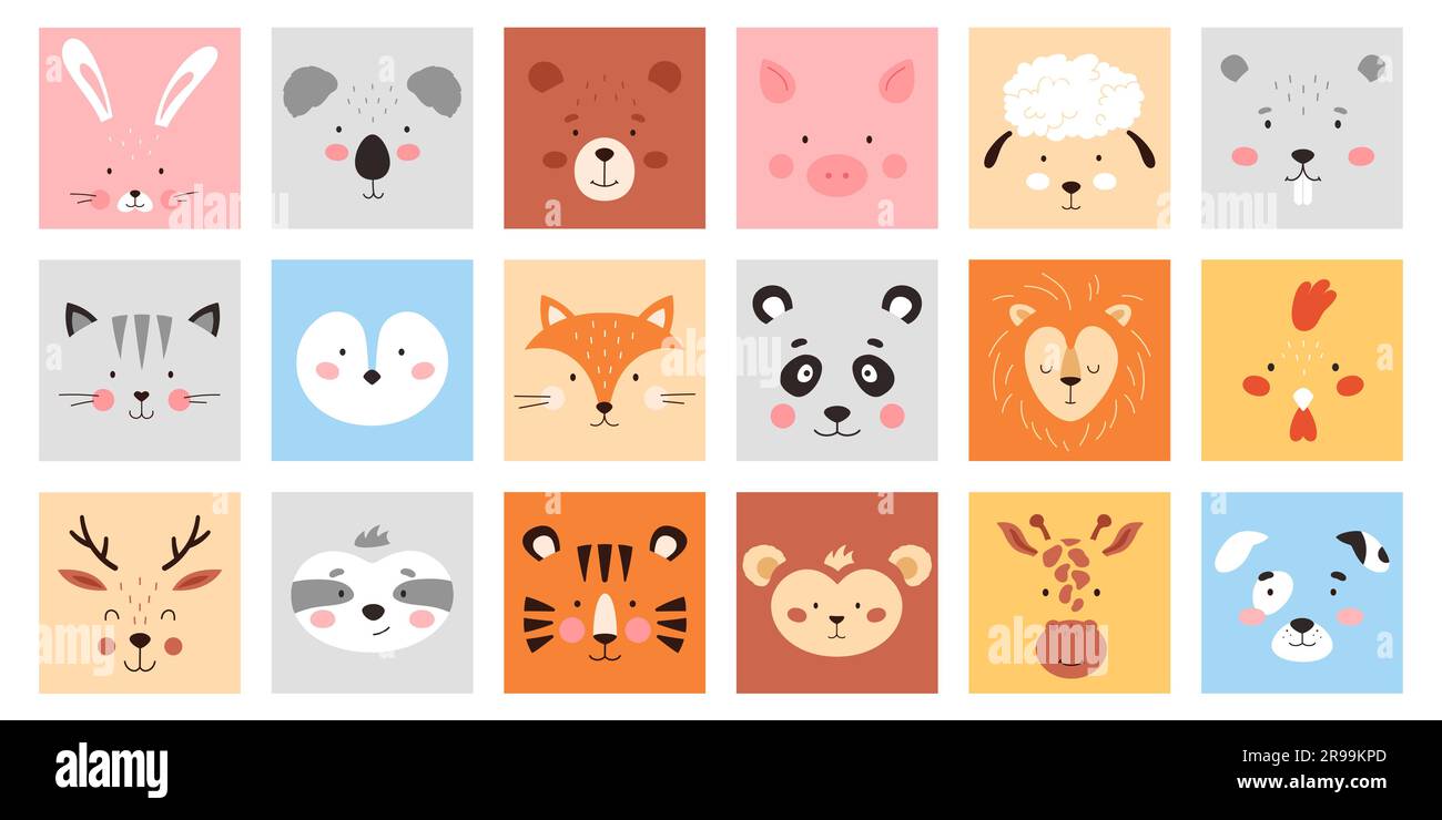 Cute square animal faces set vector illustration. Cartoon isolated farm ...