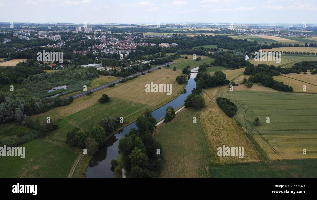 Nidda, a tributary of the river Main, flowing through a nature reserve ...