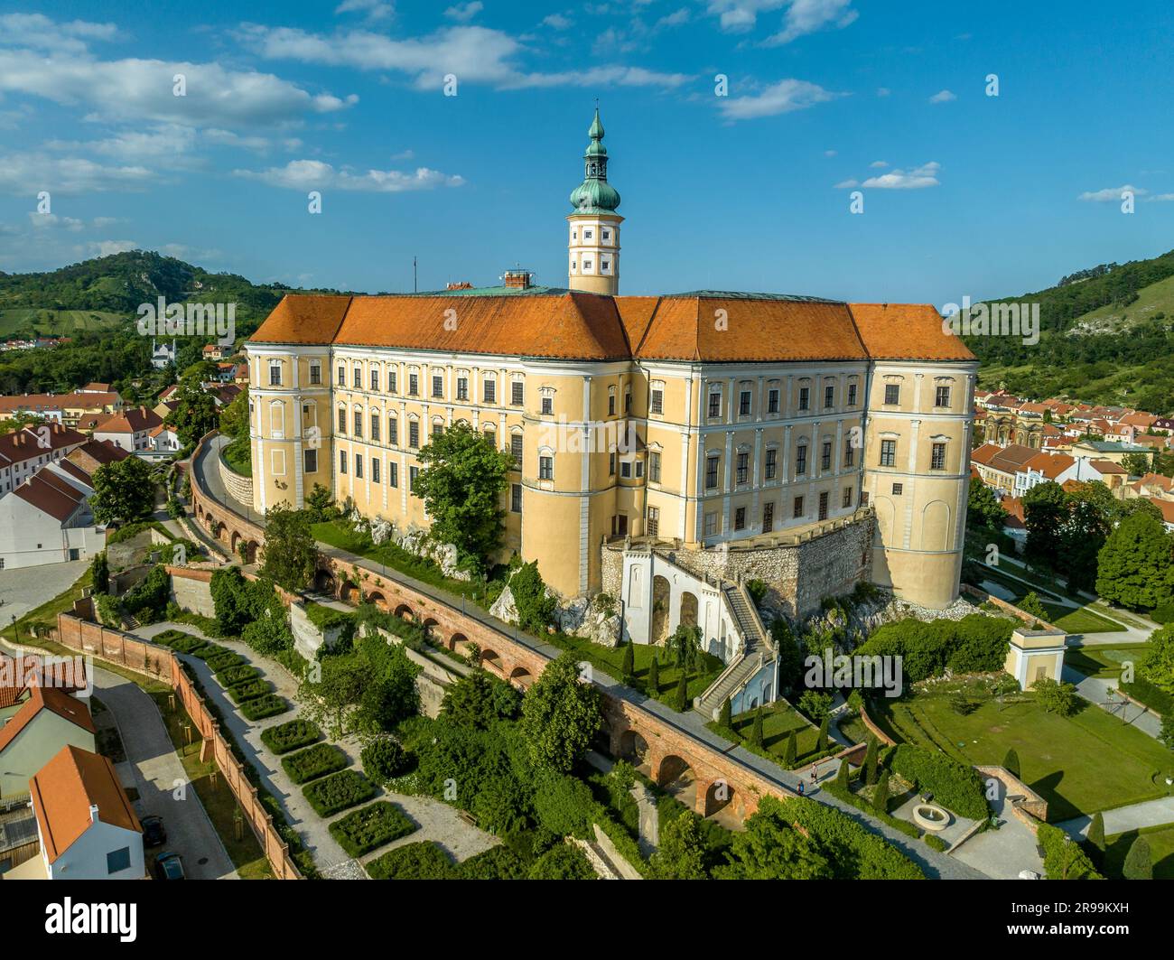 Aerial view of restored Baroque Mikulov castle in Southern Bohemia also ...