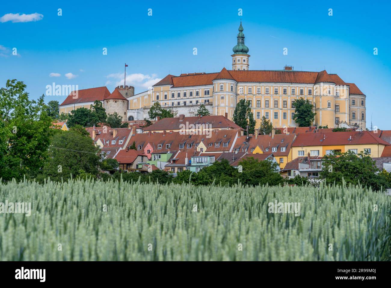Aerial view of restored Baroque Mikulov castle in Southern Bohemia also ...