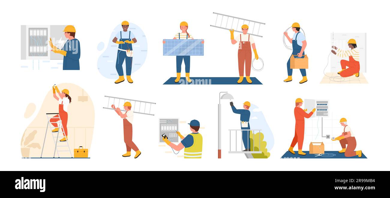 Work of electricians set vector illustration. Cartoon isolated ...