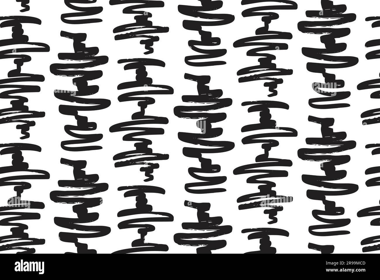 Wavy doodle seamless pattern. Bold ink lines ornament. Hand drawn black ...