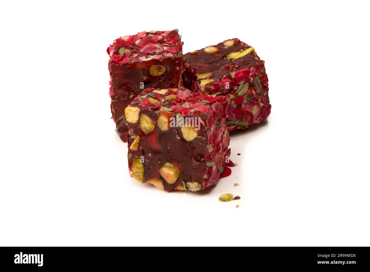 Sweet roll with roses and nuts, turkish sweets. Turkish rahat isolated ...