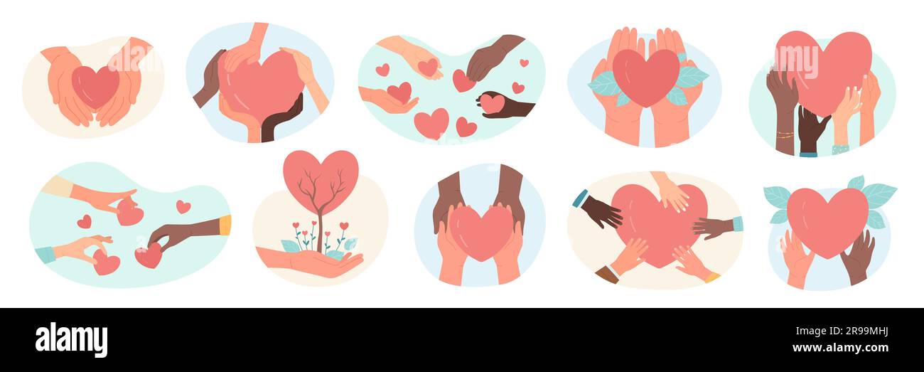 Hands hold hearts set vector illustration. Cartoon isolated multiethnic ...