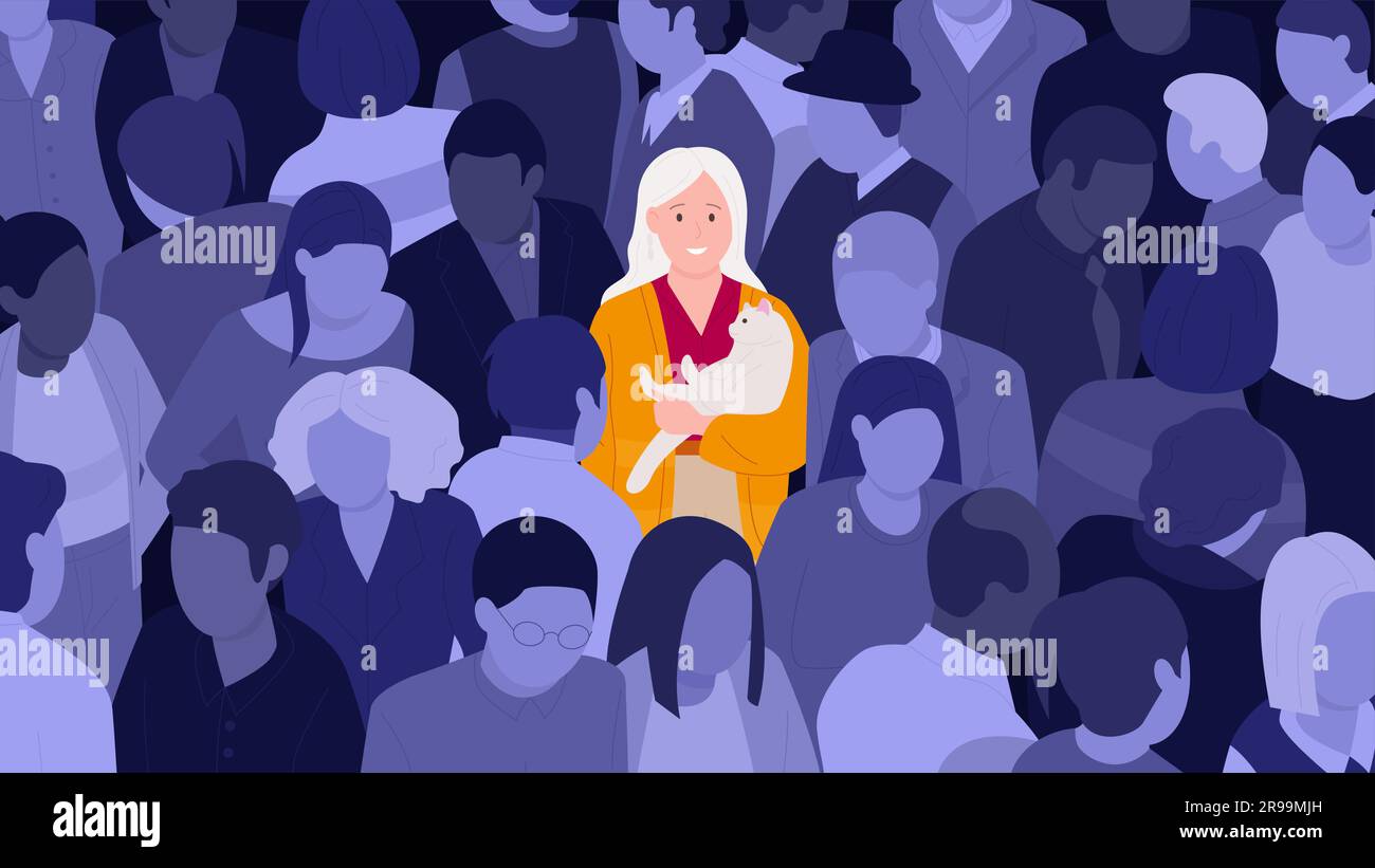 Happy girl in crowd vector illustration. Cartoon satisfied woman with ...