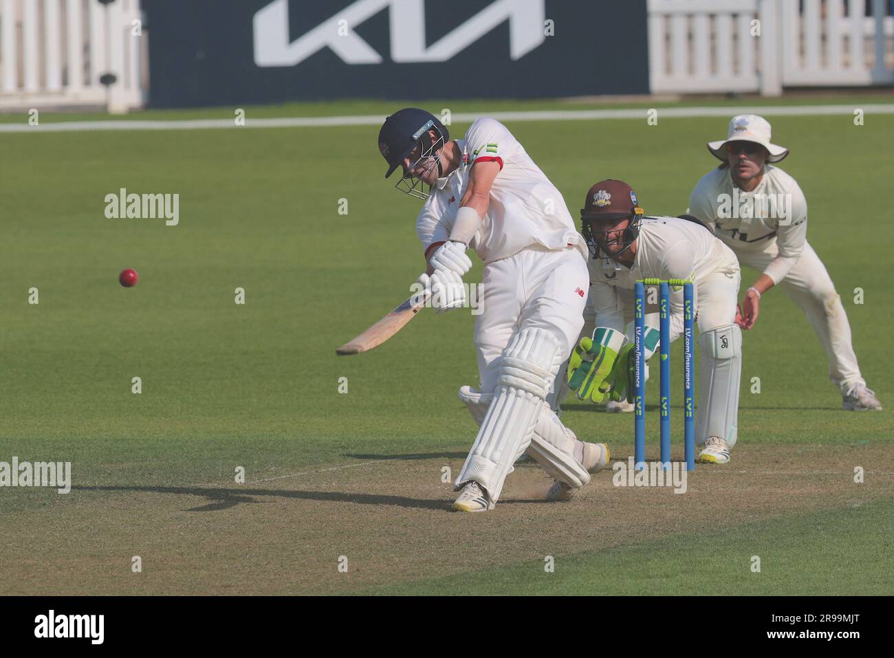 London, UK. 25th June, 2023. Lancashire's Jack Blatherwick hits Will ...