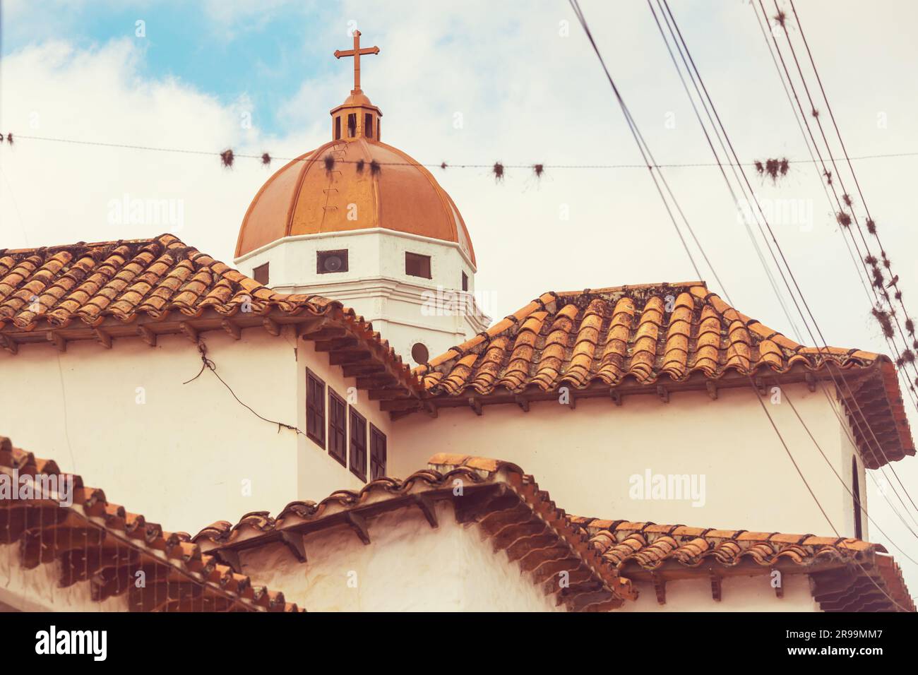 street view of traditional colonial town in Colombia, South America ...