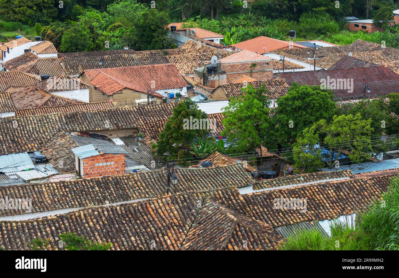 street view of traditional colonial town in Colombia, South America ...