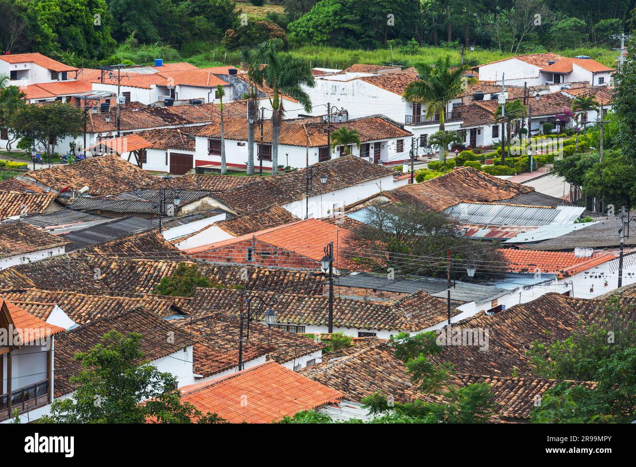 street view of traditional colonial town in Colombia, South America ...