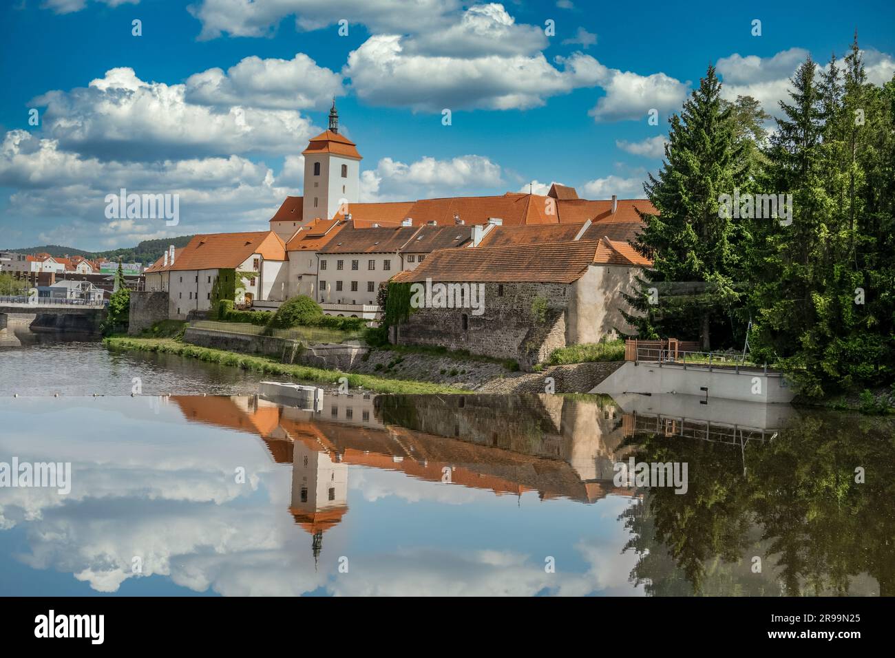 Aerial view of Strakonice castle next to the Otava river in Czechia ...