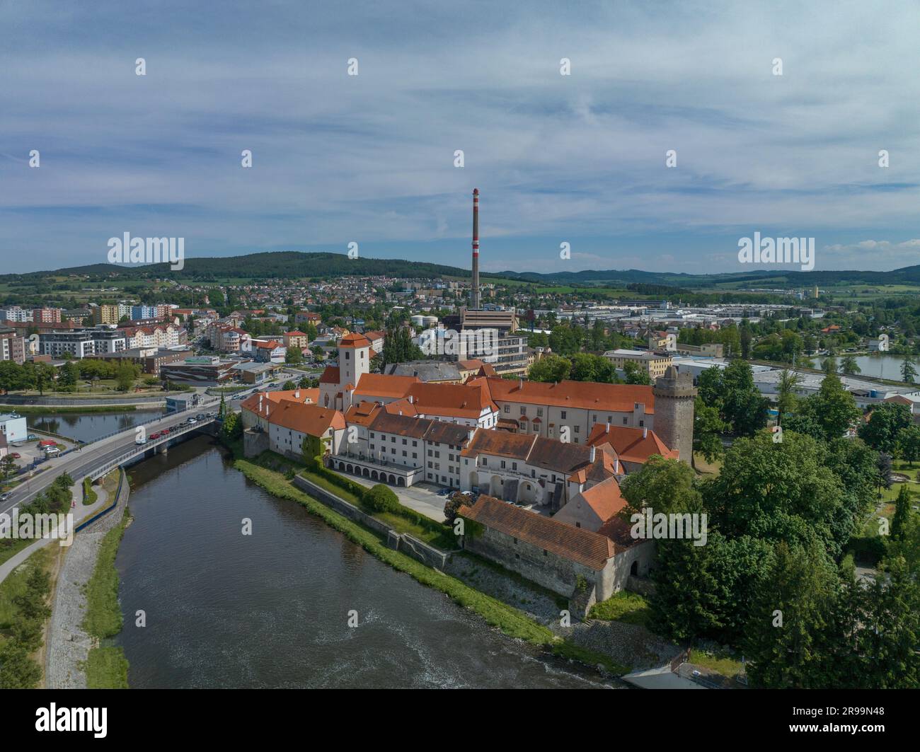 Aerial view of Strakonice castle next to the Otava river in Czechia ...