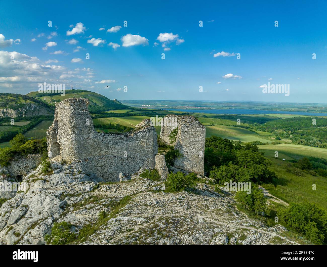 Aerial panoramic view of Sirotčí hrádek or Waisenstein ruined Gothic ...