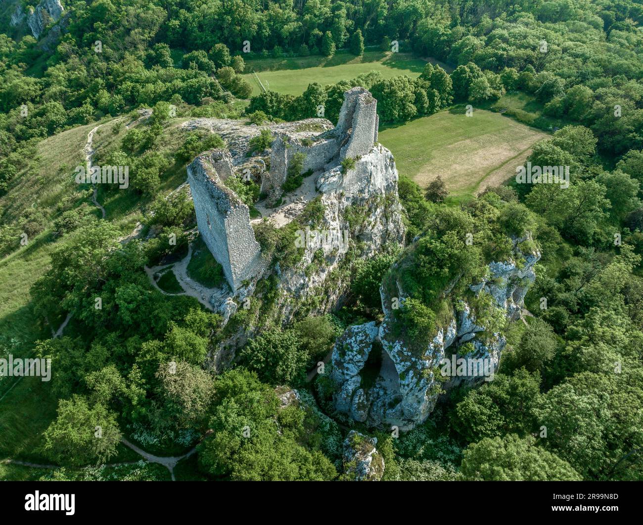 Aerial panoramic view of Sirotčí hrádek or Waisenstein ruined Gothic ...