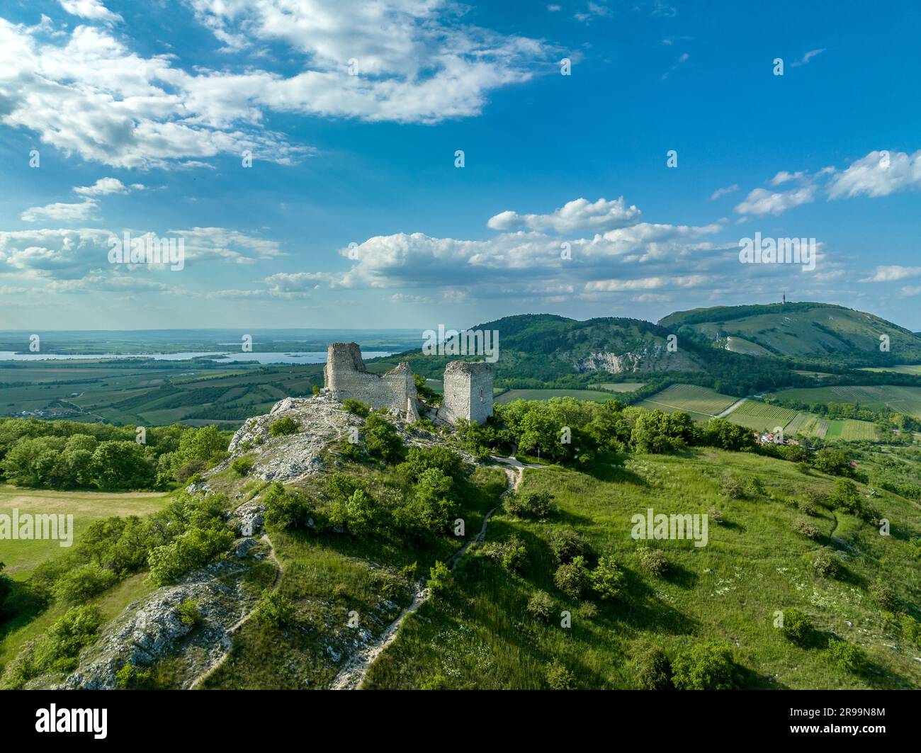Aerial panoramic view of Sirotčí hrádek or Waisenstein ruined Gothic ...
