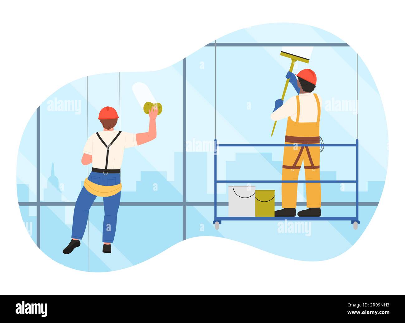 Industrial climbers wash glass windows of office building at height ...