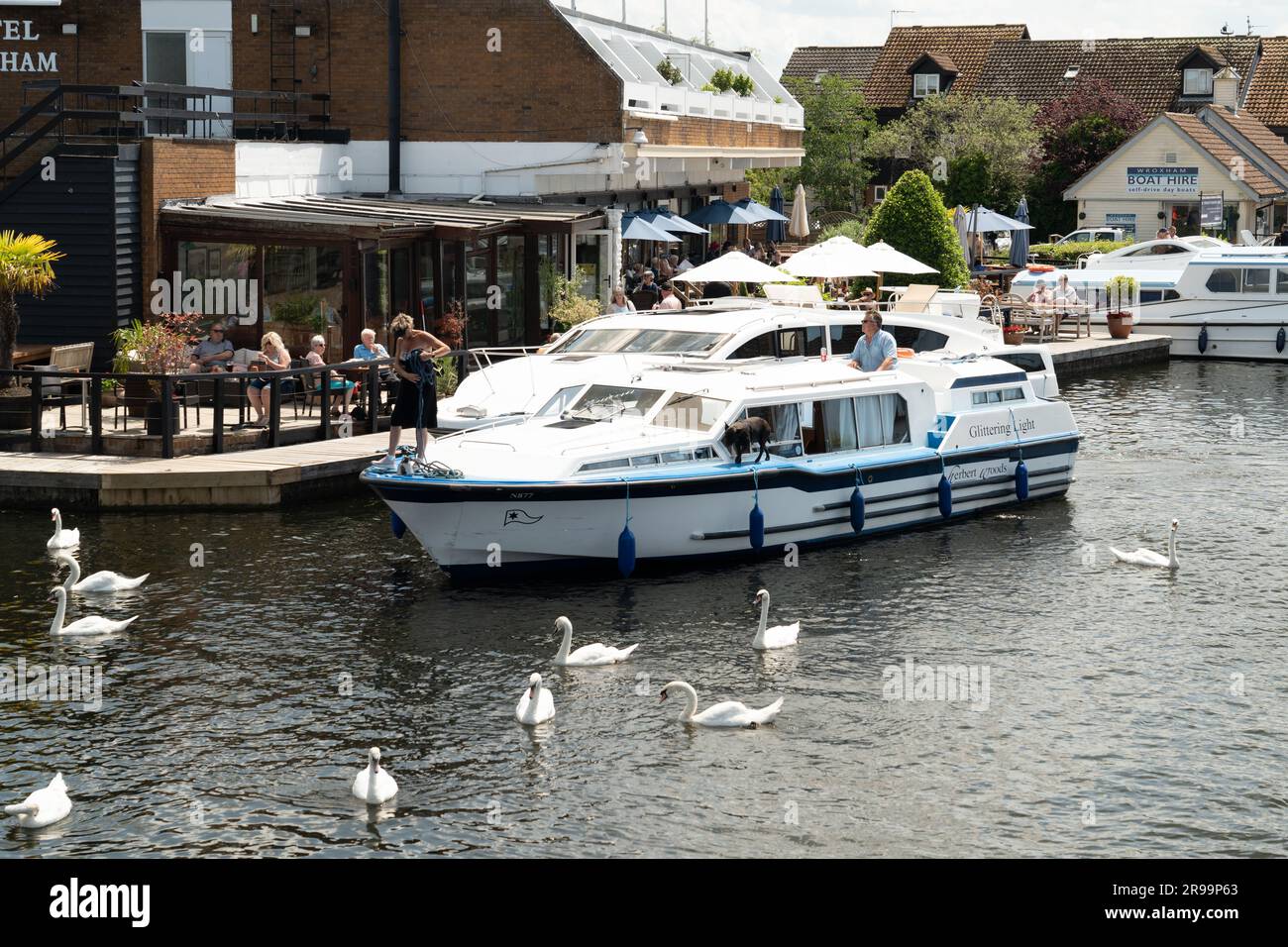 Wroxham, North Norfolk, UK - June 21st 2023: Cruiser boat docking on ...