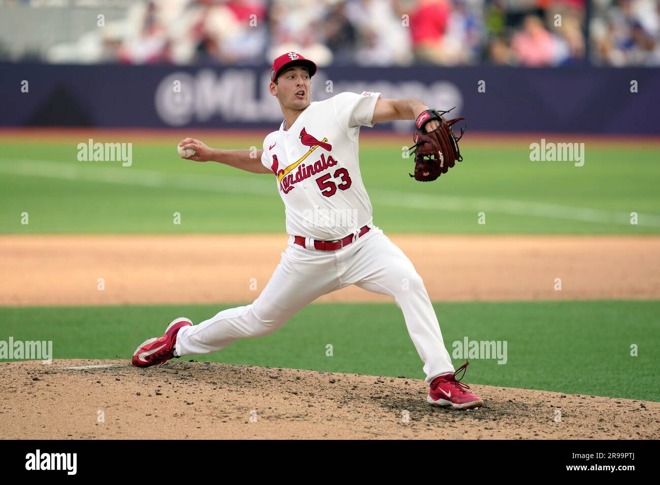 St. Louis Cardinals relief pitcher Andre Pallante throws to a Chicago Cubs batter during the ...