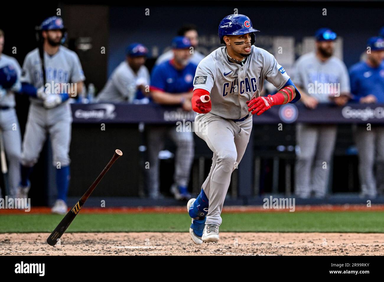 Christopher Morel #5 of the Chicago Cubs hits a single during the 2023 ...