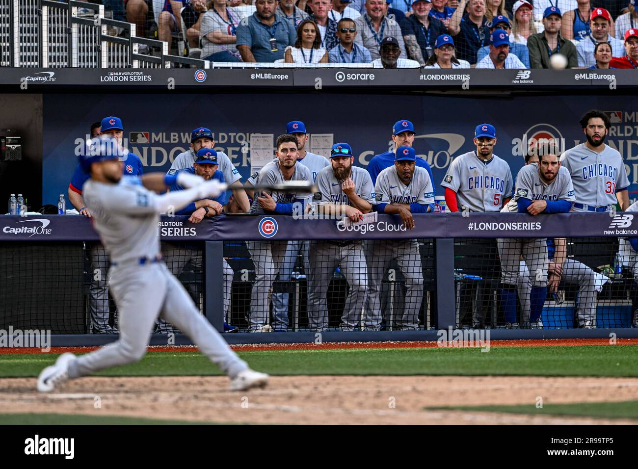 Chicago Cubs watch as Nick Madrigal #1 of the Chicago Cubs bats during ...