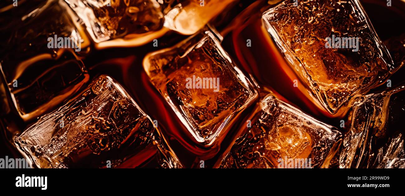 Cola with Ice. Close up of the ice cubes in cola water. Texture of carbonate drink with bubbles ...