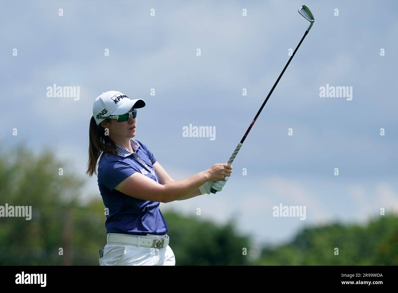 Leona Maguire, of Ireland, watches her tee shot on the fourth hole during the final round of the ...