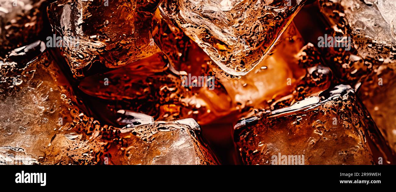Cola with Ice. Close up of the ice cubes in cola water. Texture of carbonate drink with bubbles ...