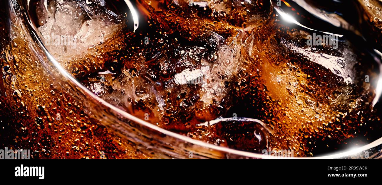 Cola with Ice. Close up of the ice cubes in cola water. Texture of carbonate drink with bubbles ...